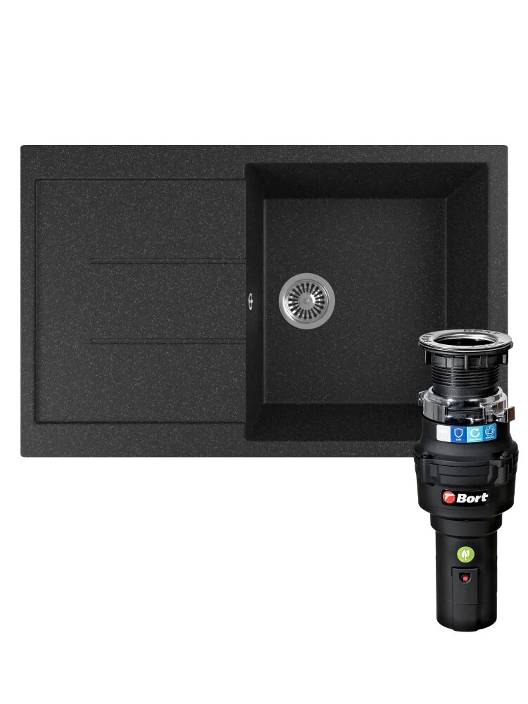 Комплект Мойка Domaci Бьелла M-GS14-BL 75x50, черная, искусственный мрамор / Измельчитель Bort Caiman 93418064 электрический, нержавеющая сталь