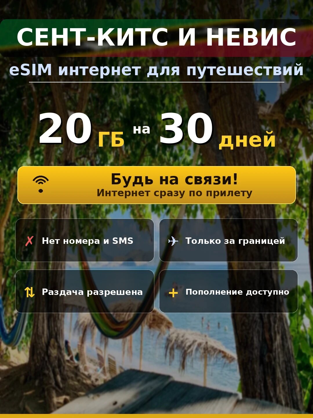 ESIM Сент-Китс и Невис — мобильный интернет 20 ГБ на 30 дней