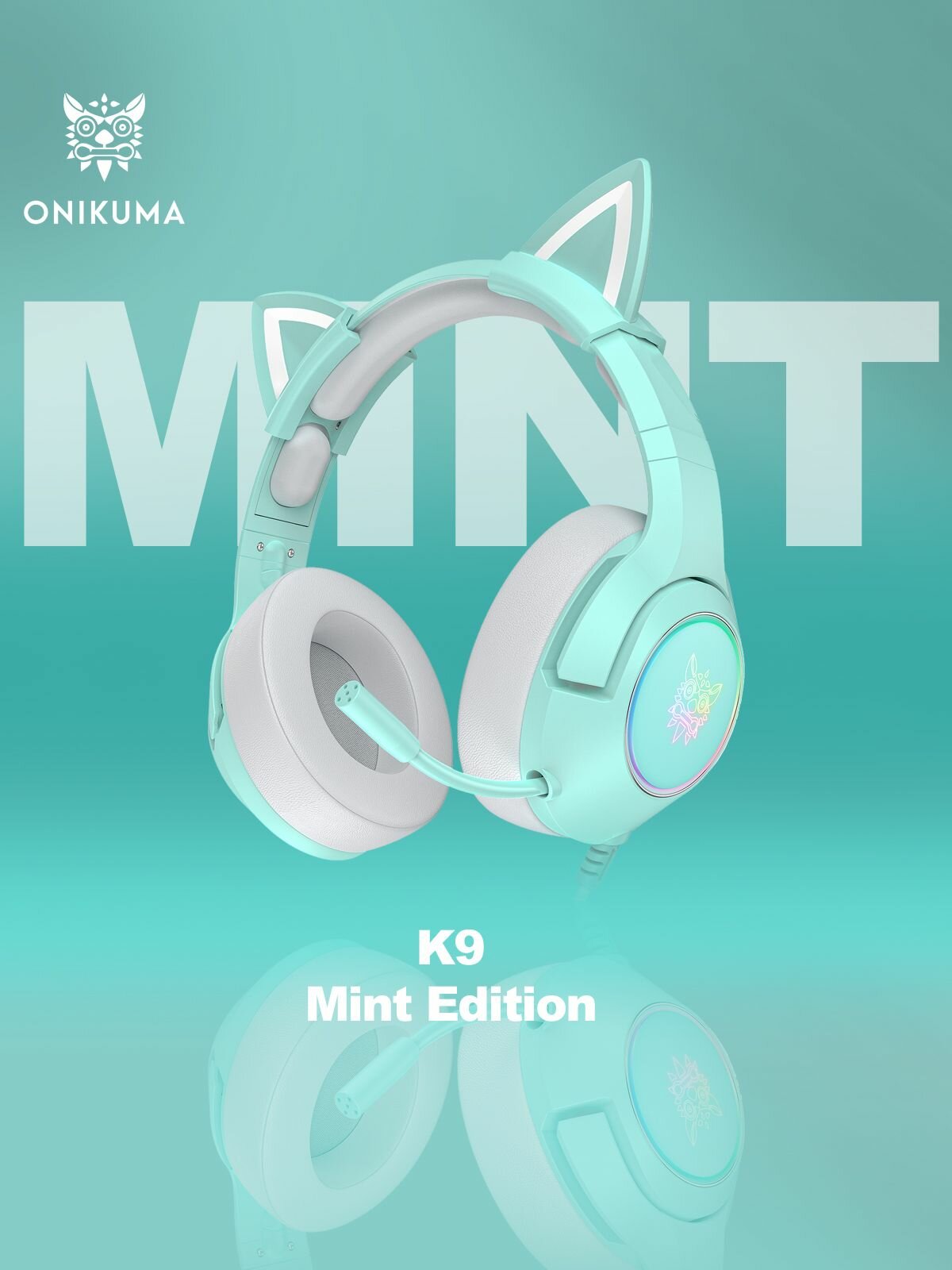 Наушники игровые бирюзовые K9 с микрофоном проводные 3.5 мм / съемные ушки / подсветка