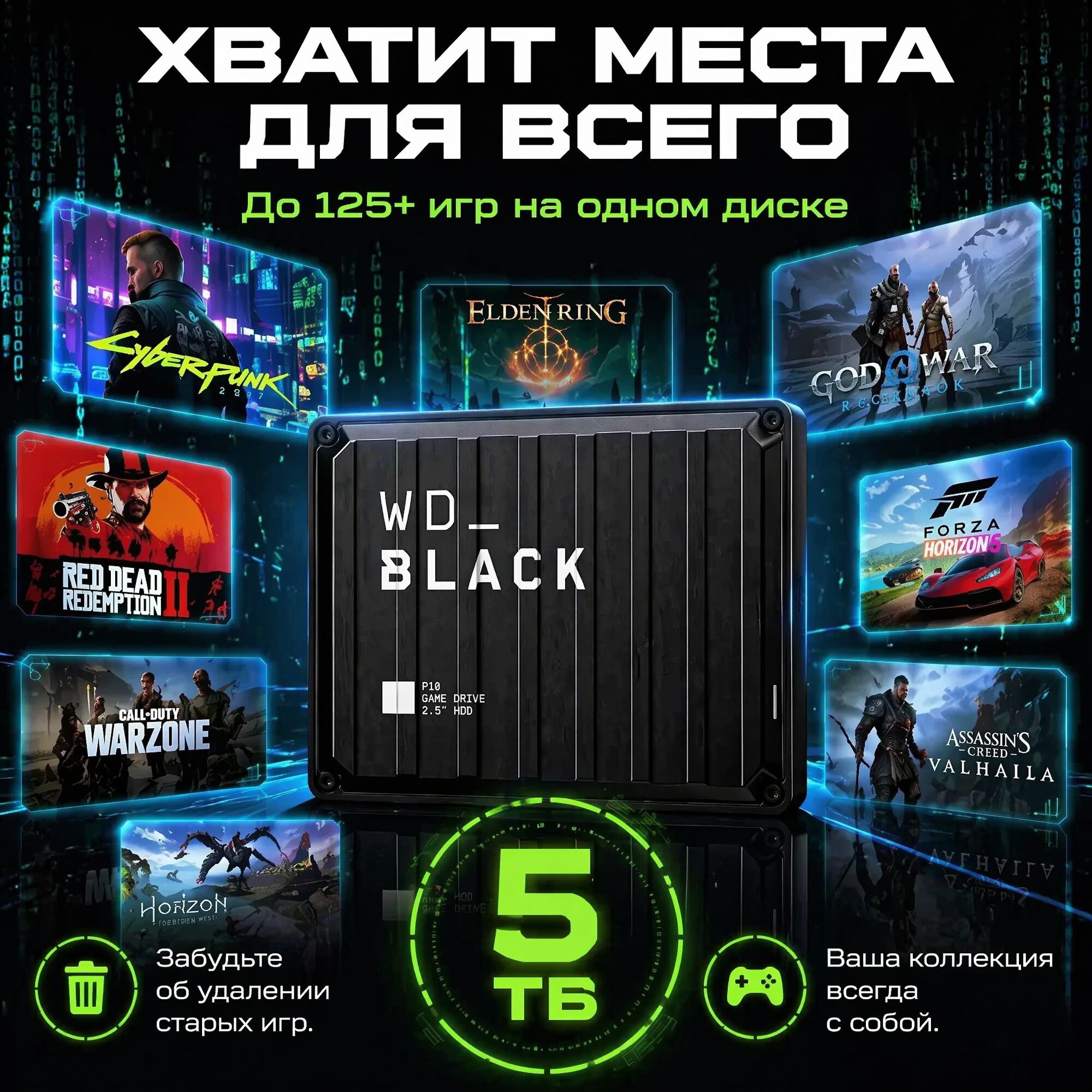 Игровой HDD WD_BLACK P10 5ТБ портативный накопитель USB 3.2 для консоли PlayStation и Xbox
