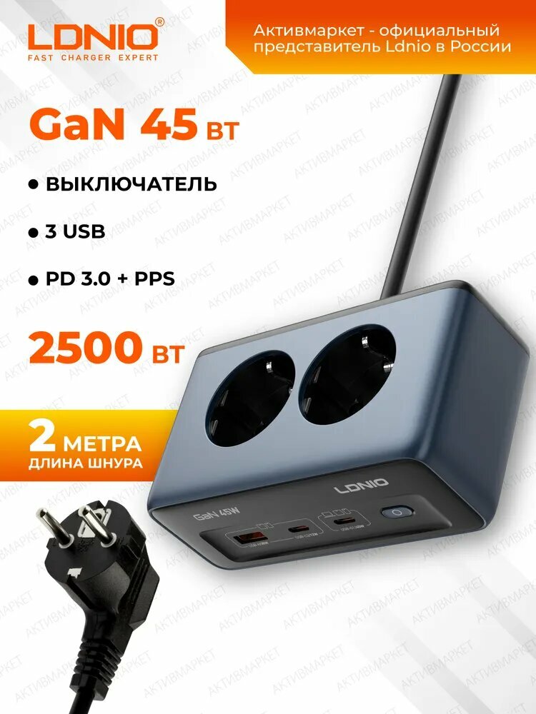 Удлинитель сетевой фильтр с быстрой USB зарядкой GAN
