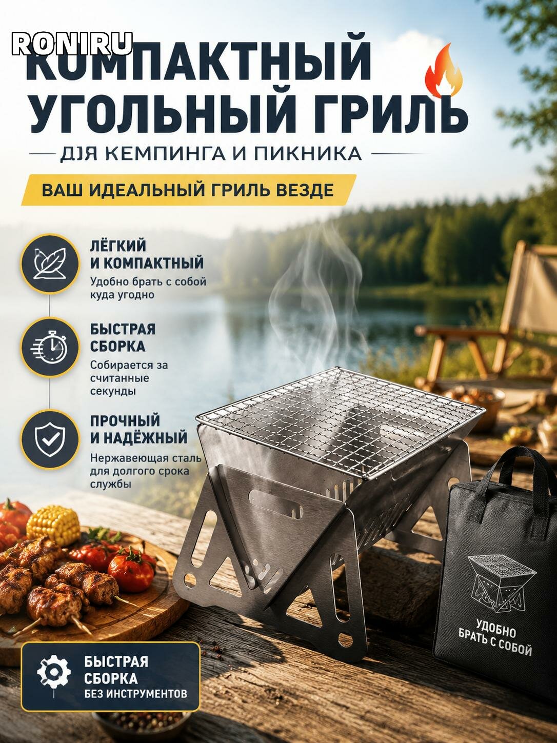 Компактный угольный гриль для кемпинга и пикника — портативный мини-гриль с сумкой для переноски и быстрой сборкой