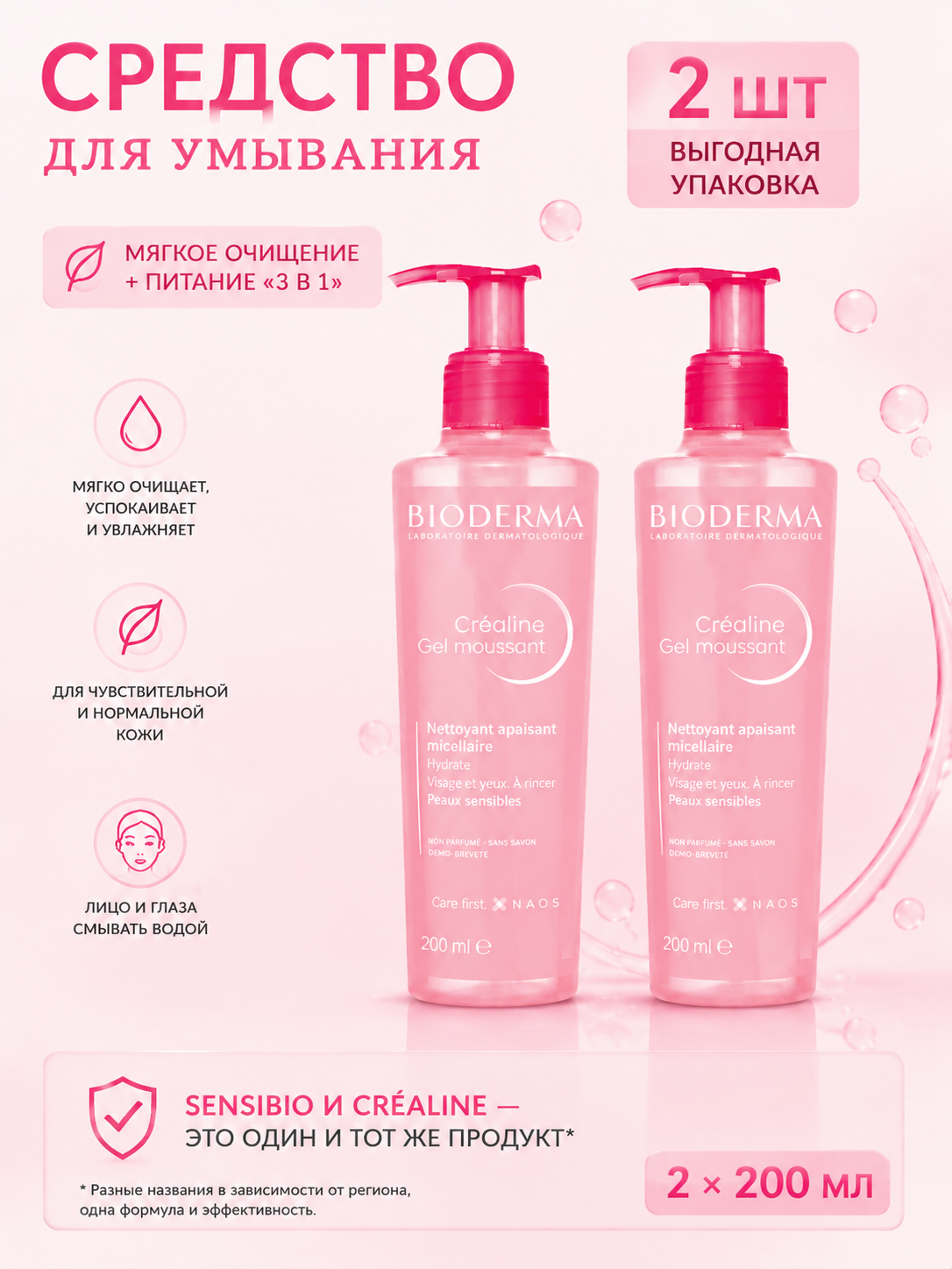 Bioderma Sensibio / Créaline гель для умывания очищающий для нормальной и чувствительной кожи лица, 200 мл*2