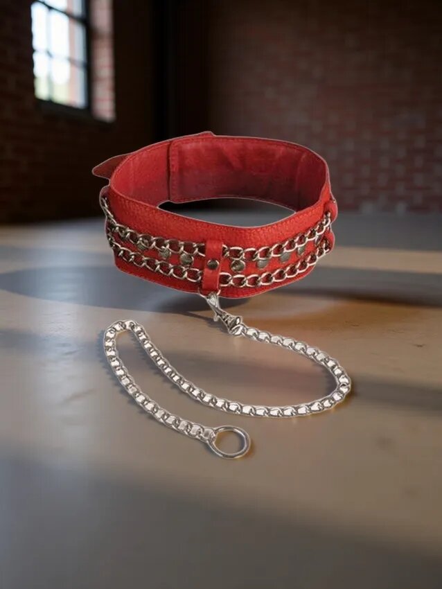 Ошейник Sitabella Collection 3101, с цепочкой, кожаный, универсальный, унисекс, красный