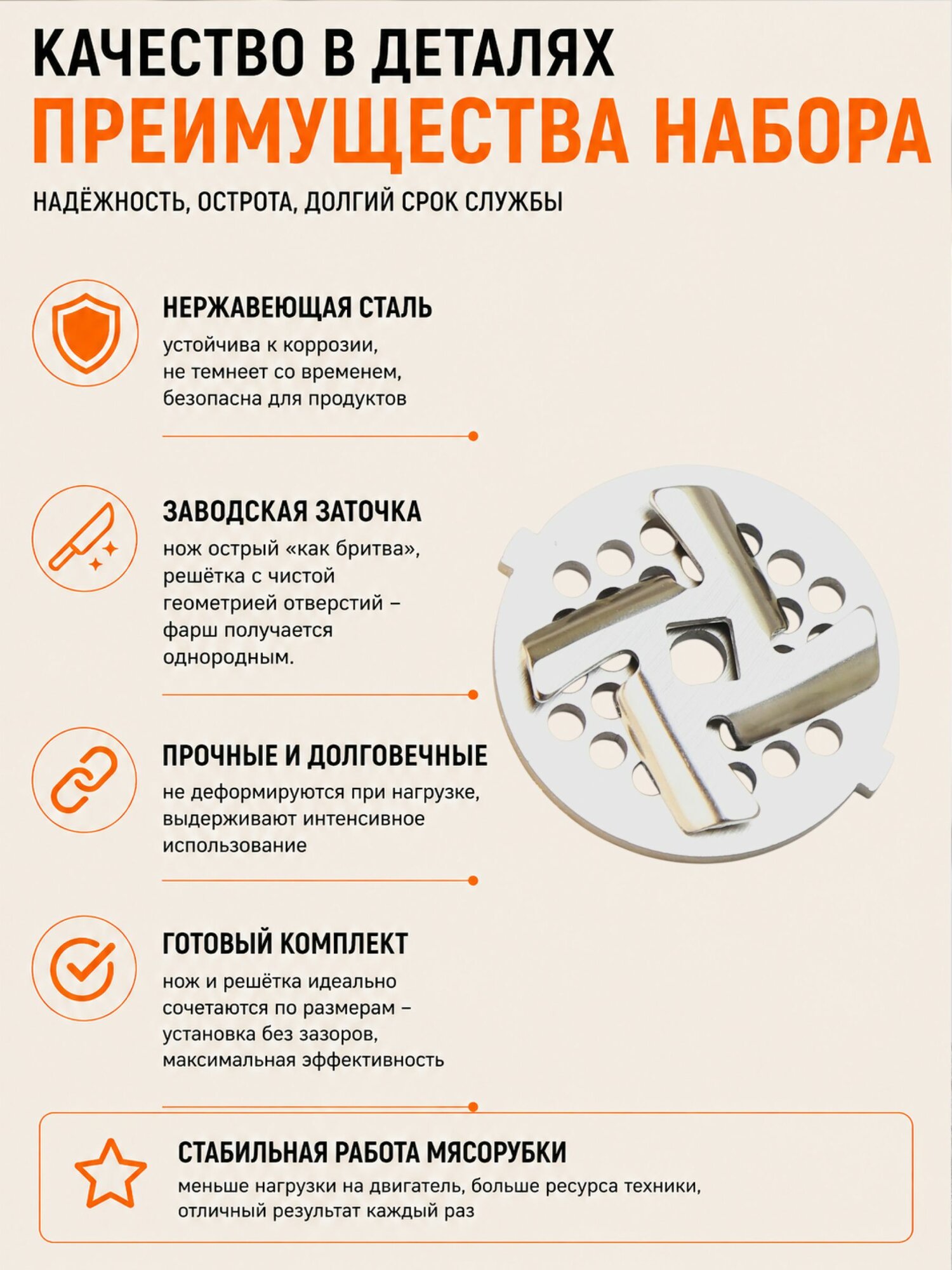 Нож и решетка для мясорубки 54 мм, комплект из нержавеющей стали, квадрат 8.2 мм, сетка 4.8 мм, нож 45.5 мм — фото 1