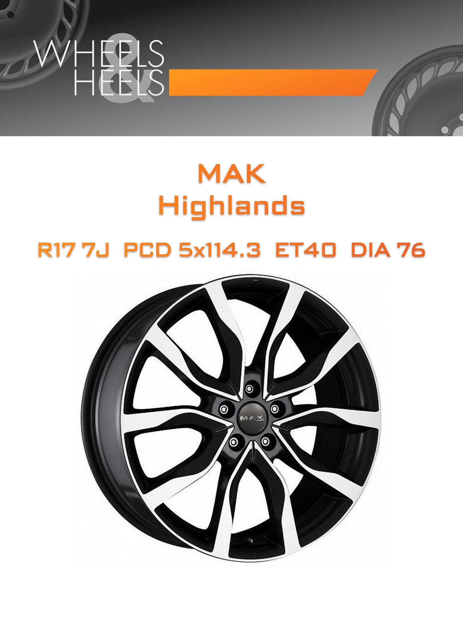 Диск автомобильный литой MAK Highlands 17x7 5x114.3 et40 dia76 Чёрный глянцевый с полированной лицевой частью