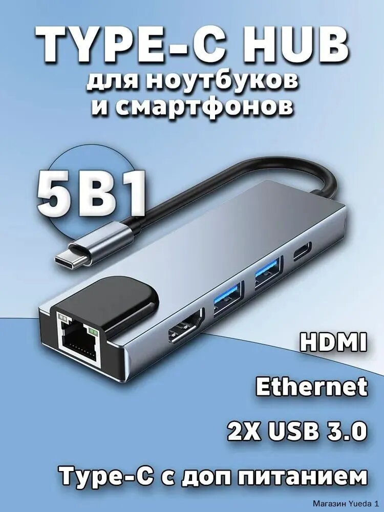 Type-C hub 5в1 / адаптер-переходник для MacBook 5 в 1 1000Mb/s 2хUSB 3.0 HDMI ethernet RJ45