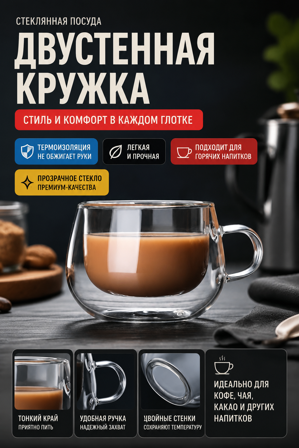 Двухслойный термостойкий стеклянный кофейный стакан с ручкой