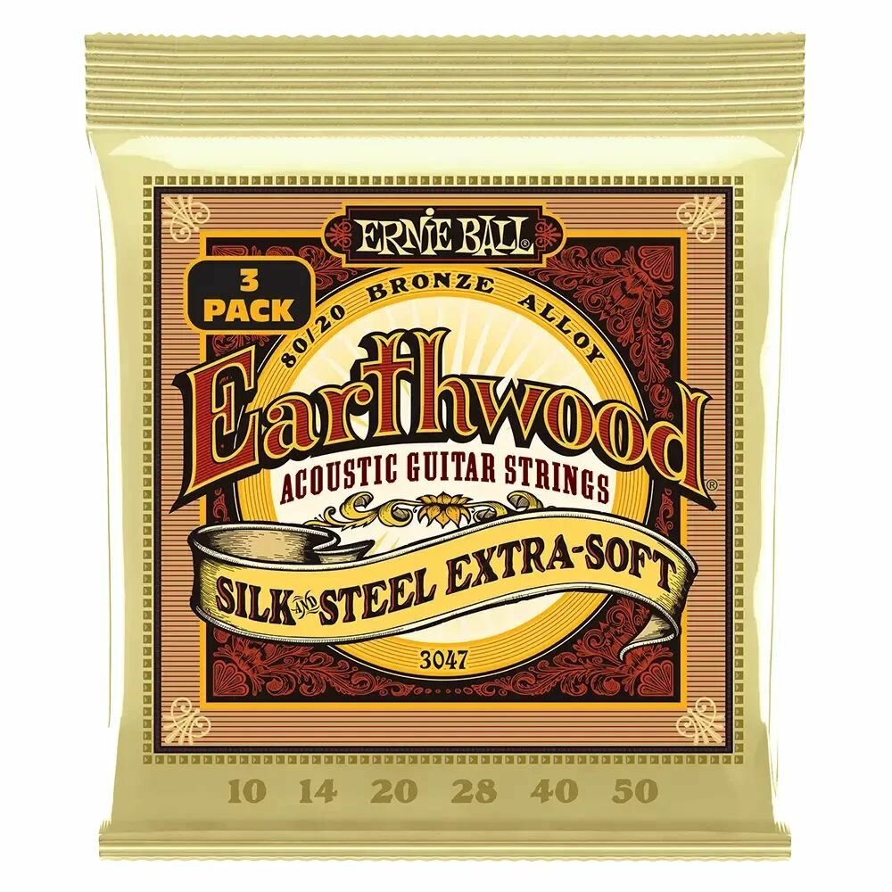 Струны для акустической гитары ERNIE BALL 3047 Earthwood 80/20 Silk and Steel Extra Soft 3 Pack 10-50