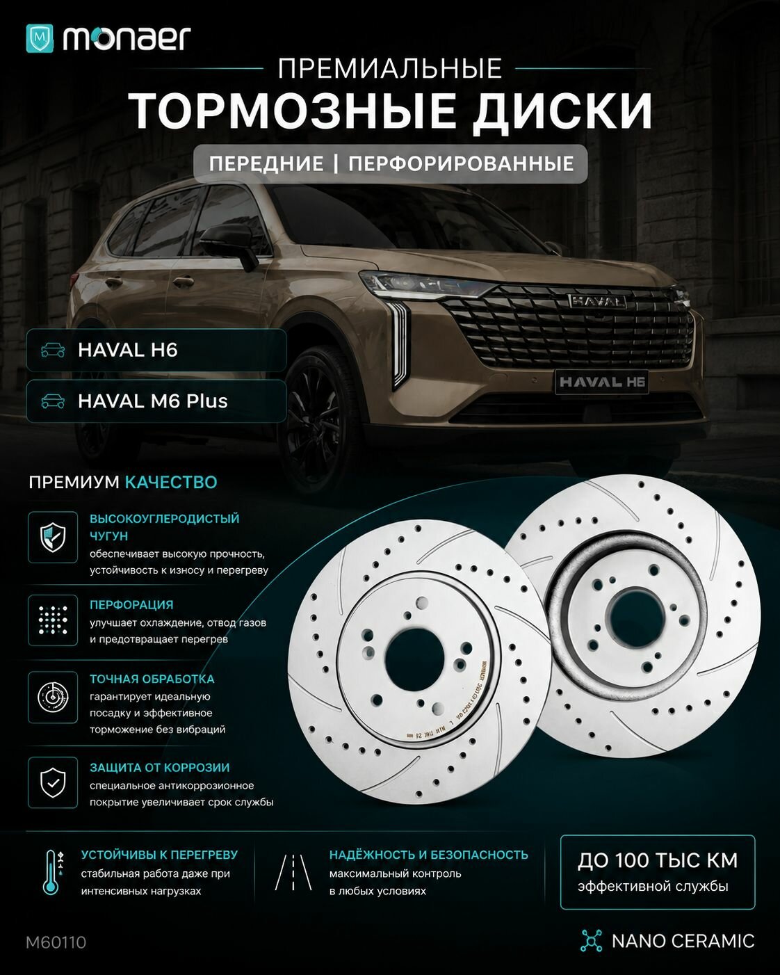 Передние перфорированные тормозные диски для HAVAL H6, HAVAL M6 Plus от Monaer
