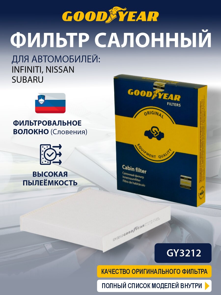 Фильтр салонный автомобильный Goodyear GY3212 для NISSAN: MURANO I Z50, TEANA J31, X-TRAIL/