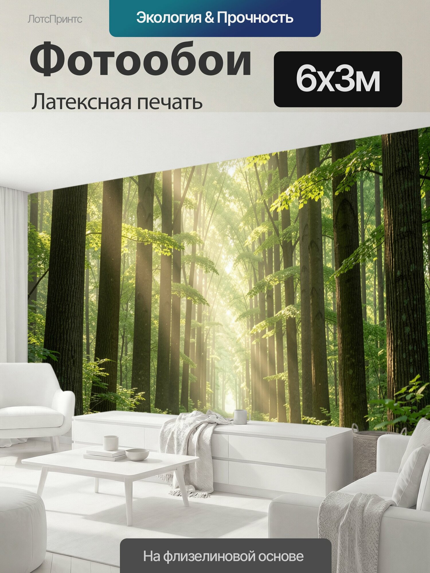 Фотообои моющиеся ударопрочные "Солнечная лесная тропа. Зеленый лес с высокими стволами, густым папоротником и мягкими лучами солнца сквозь." 600x300 см. латексная печать