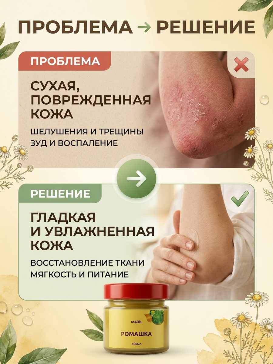 Мазь с ромашкой натуральная заживляющая детская от раздражений и сухости, 100 мл