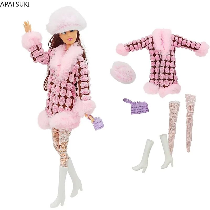 Комплект одежды из розового искусственного меха для куклы Barbie
