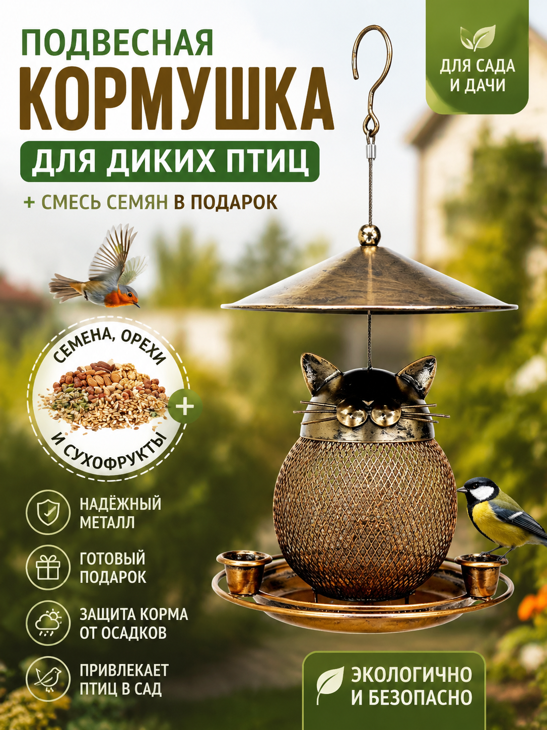 Кормушка для диких птиц металлическая подвесная, двойная с дренажом и съемной крышкой, для семян и орехов, 41×20×19 см