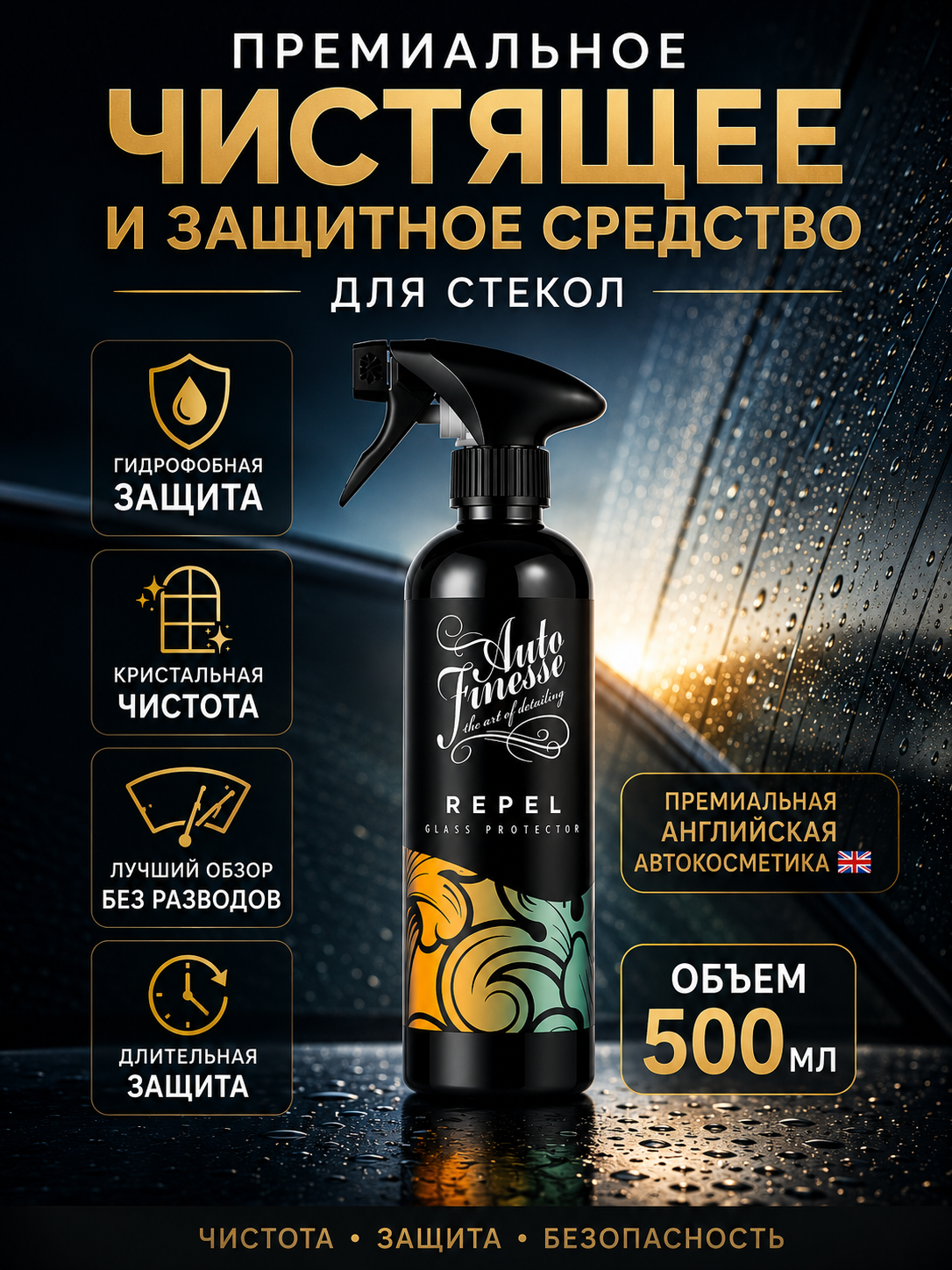 Очиститель для стекол Auto Finesse Repel, 500мл/ очиститель для стекла автомобиля, гидрофобный