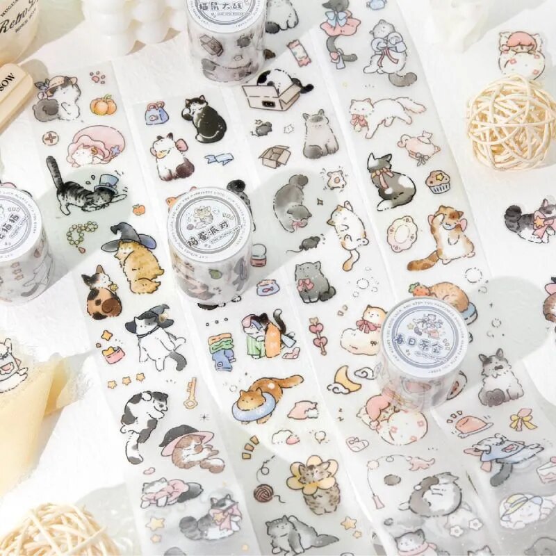 Декоративная клейкая лента (washi tape), 1 рулон/уп, ретро-стиль, узор с котиками, пластик (ПЭТ). Для декора блокнотов и скрапбукинга.