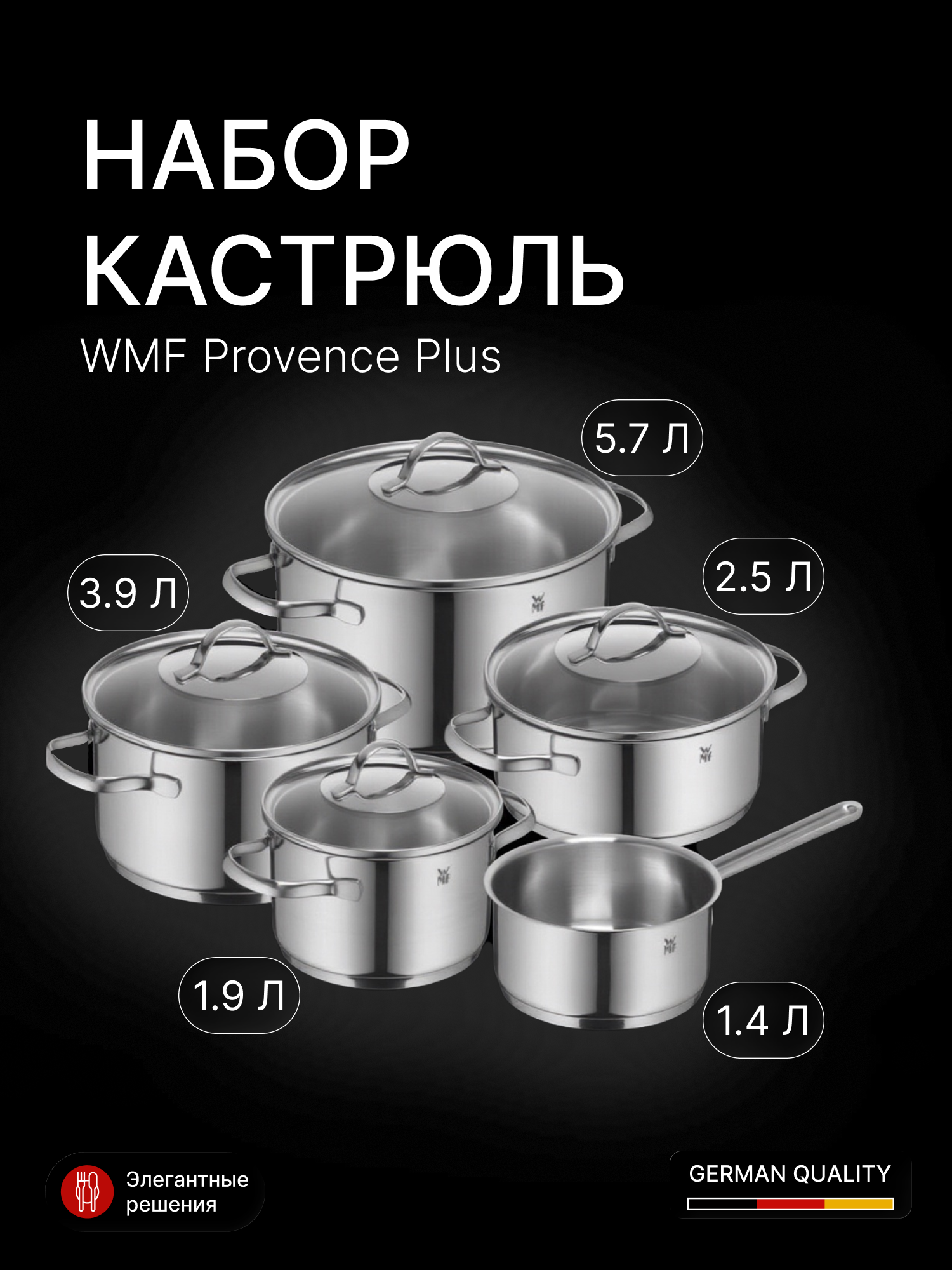 Набор кастрюль WMF Provence Plus 5 предметов, с крышками, для всех типов плит, 0721556380