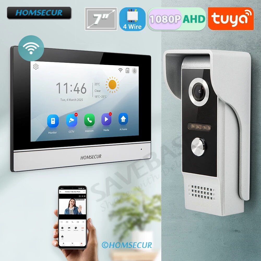 HOMSECUR 4-проводной видеодомофон с 7-дюймовым экраном 1 Monitor 1 Camera