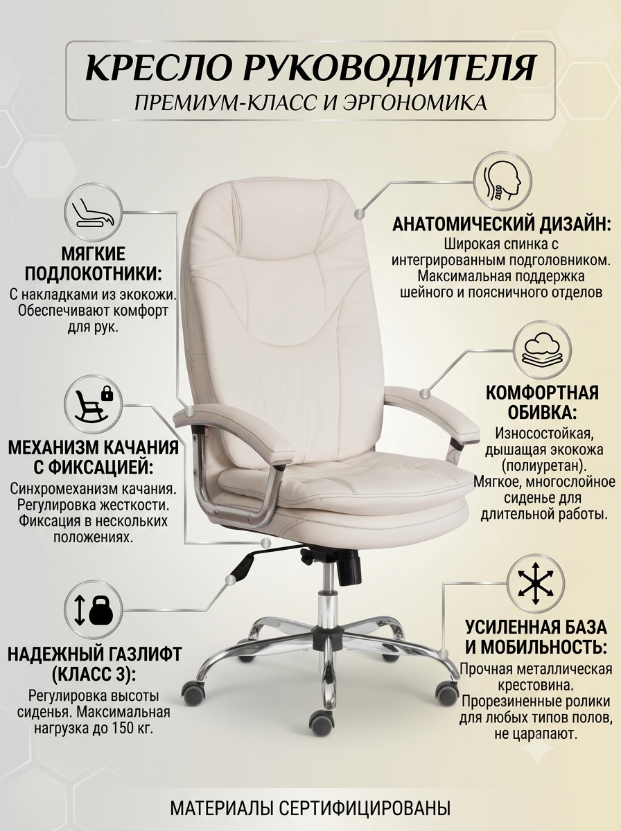 Кресло компьютерное TetChair Софти Люкс для руководителя, белая экокожа, хромированная крестовина, до 120 кг