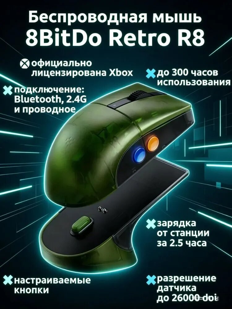 8BitDo Retro R8 Mouse Беспроводная мышь для опроса в формате 4K с оптическим датчиком PAW 3395 DPI 26K и зарядной док-станцией