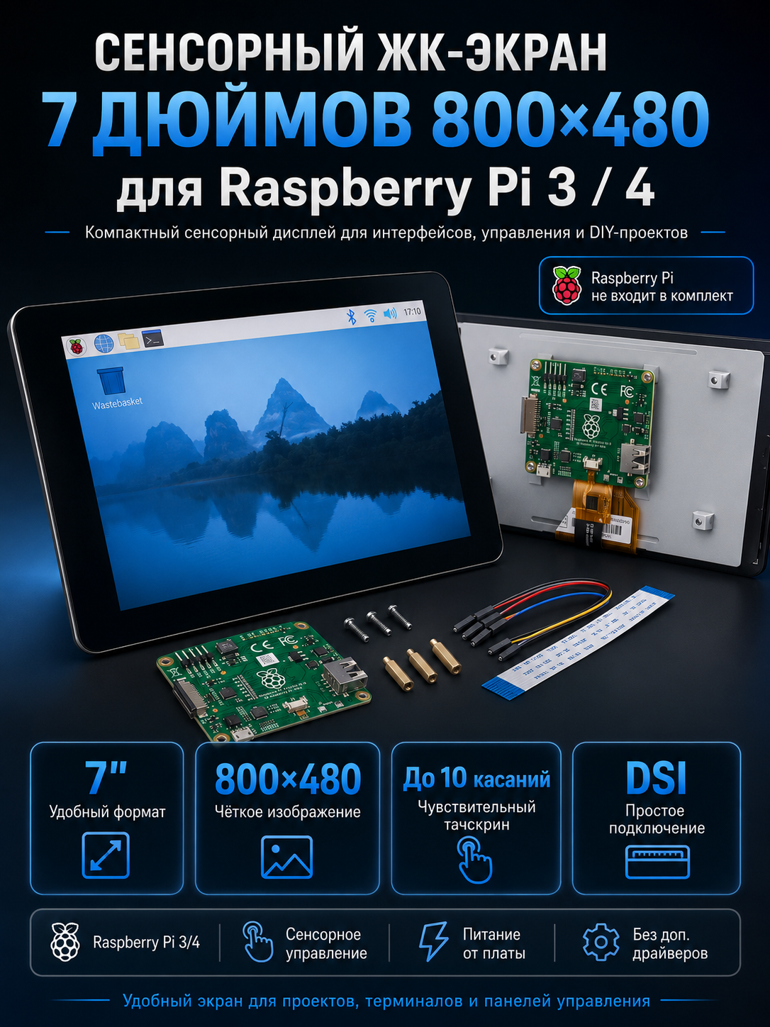 Сенсорный ЖК-экран для Raspberry Pi 3-4, 7 дюймов (800x480) -