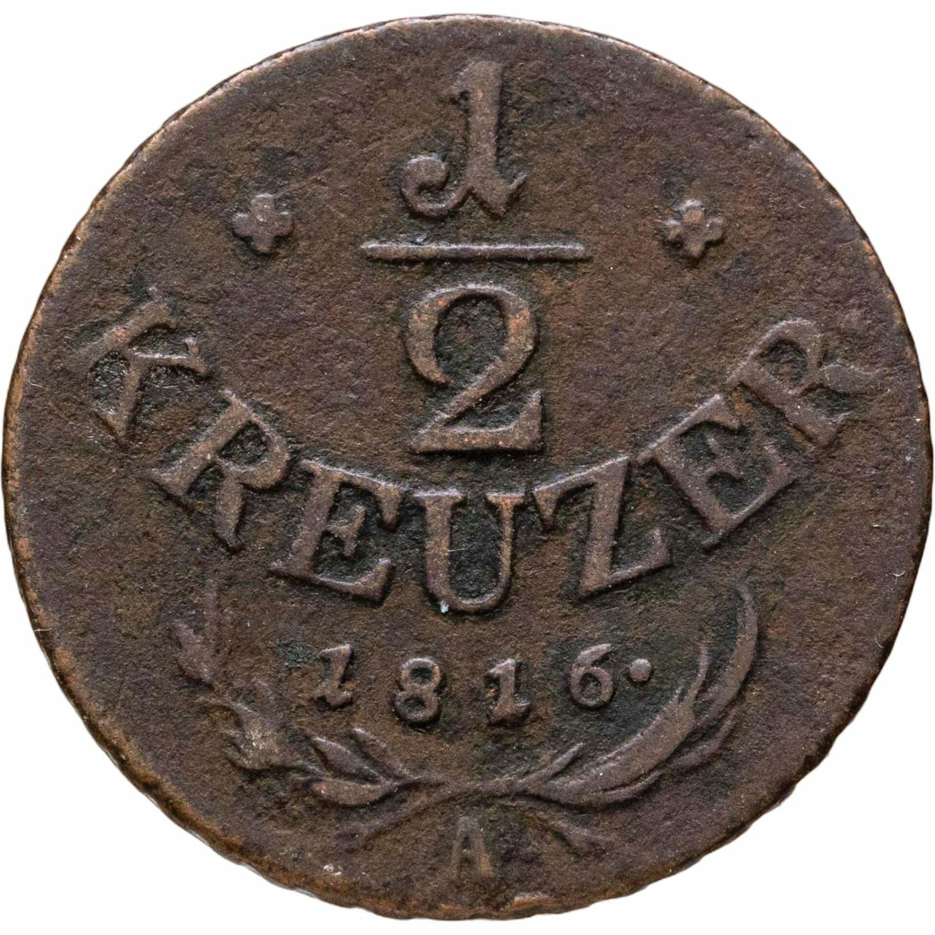 Австрия 1/2 крейцера kreuzer 1816, Знак монетного двора "A" - Вена, Медь, в сохранности F-VF