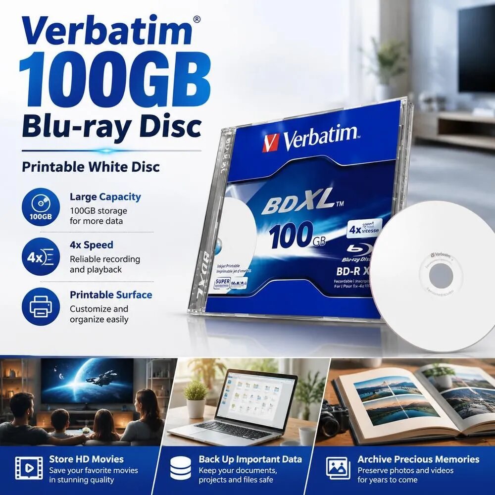 Verbatim Диск для записи BD-R XL 100 ГБ 4x BD-R XL 100GB 4x Скорость записи — фото 1
