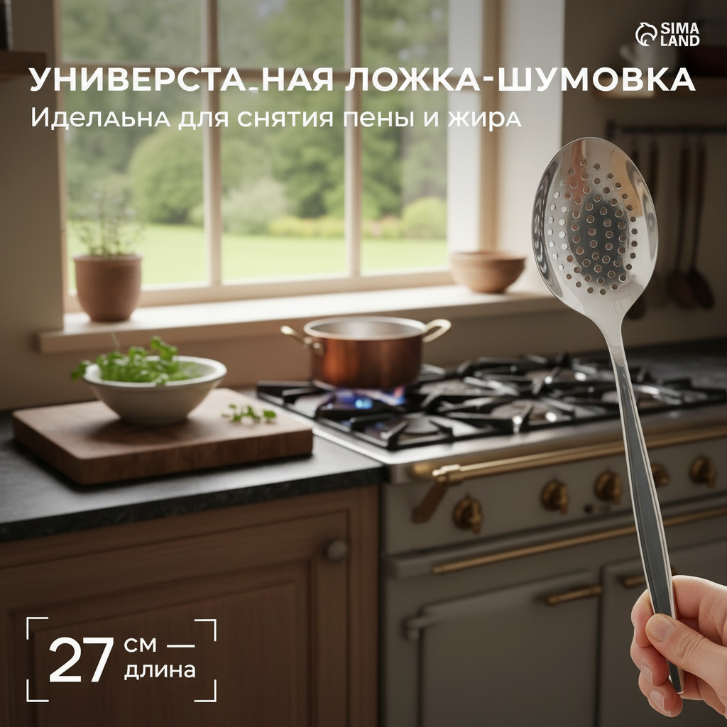 Ложка для пенки из серебра 27 см прочная 2,5 мм