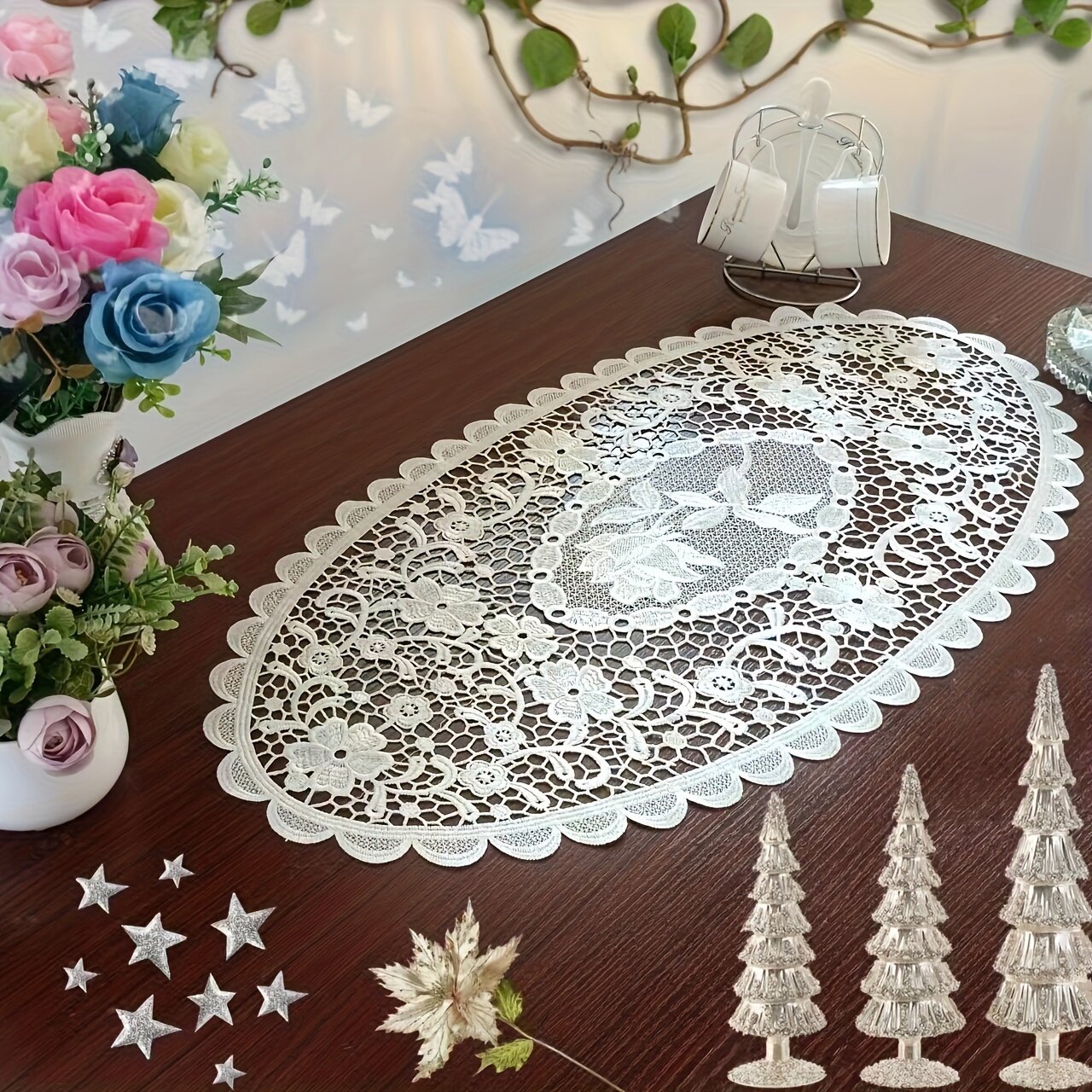 Белая овальная скатерть-дорожка с кружевной вышивкой, 15.75x29.13 дюйма, 1 шт.