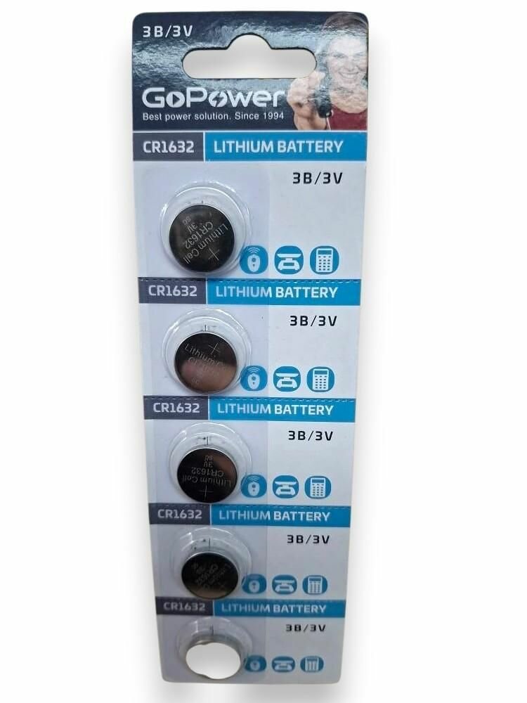 Дисковая батарейка GoPower CR1632 Lithium Battery 3v BL5 00-00023147