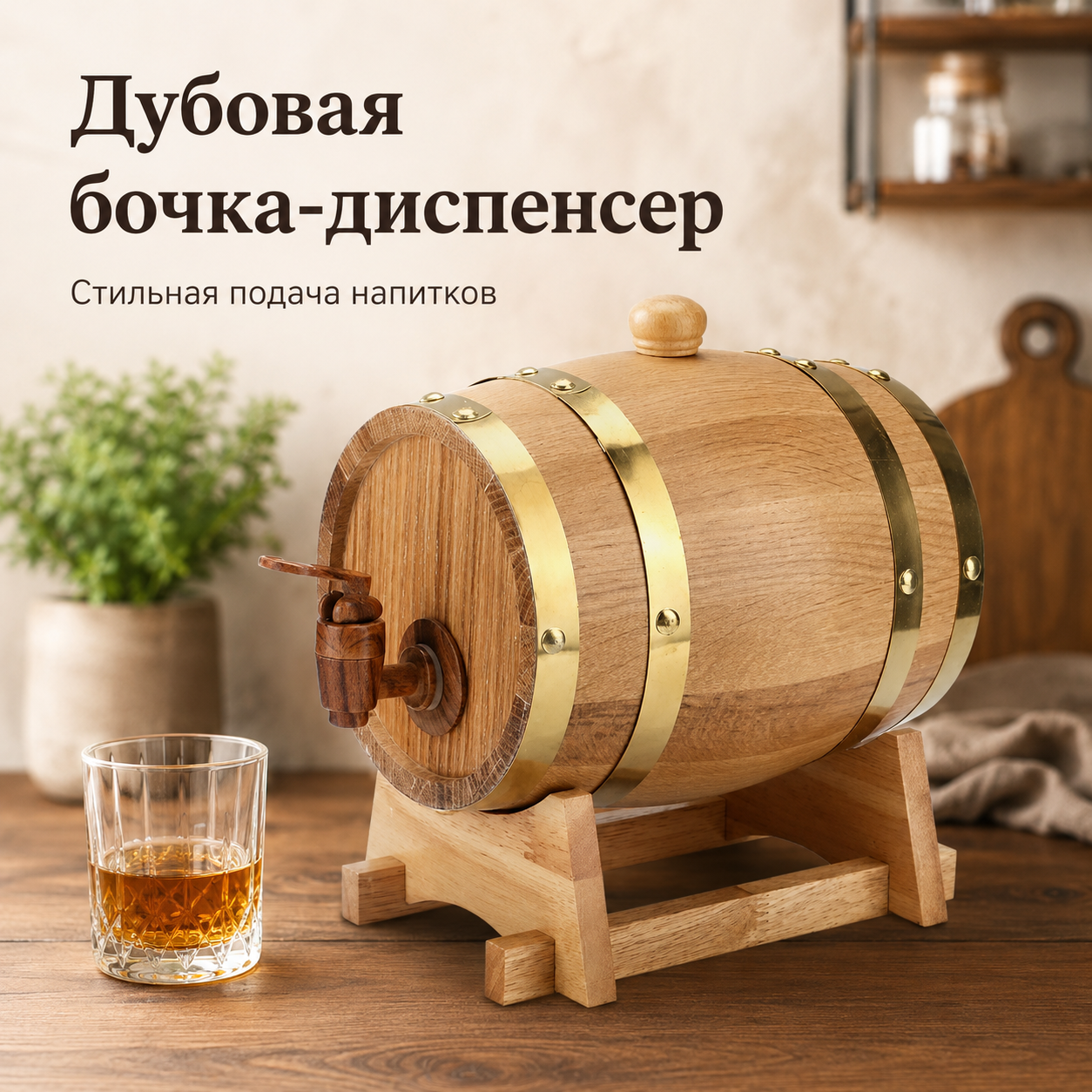 Дубовая бочка с деревянным краном и подставкой, диспенсер для виски, вина и других алкогольных напитков