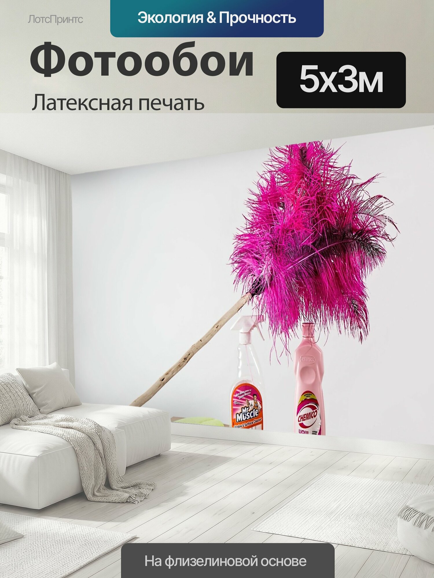 Фотообои моющиеся ударопрочные "Метелка из перьев, уборка, домашние дела" 500x300 см. латексная печать