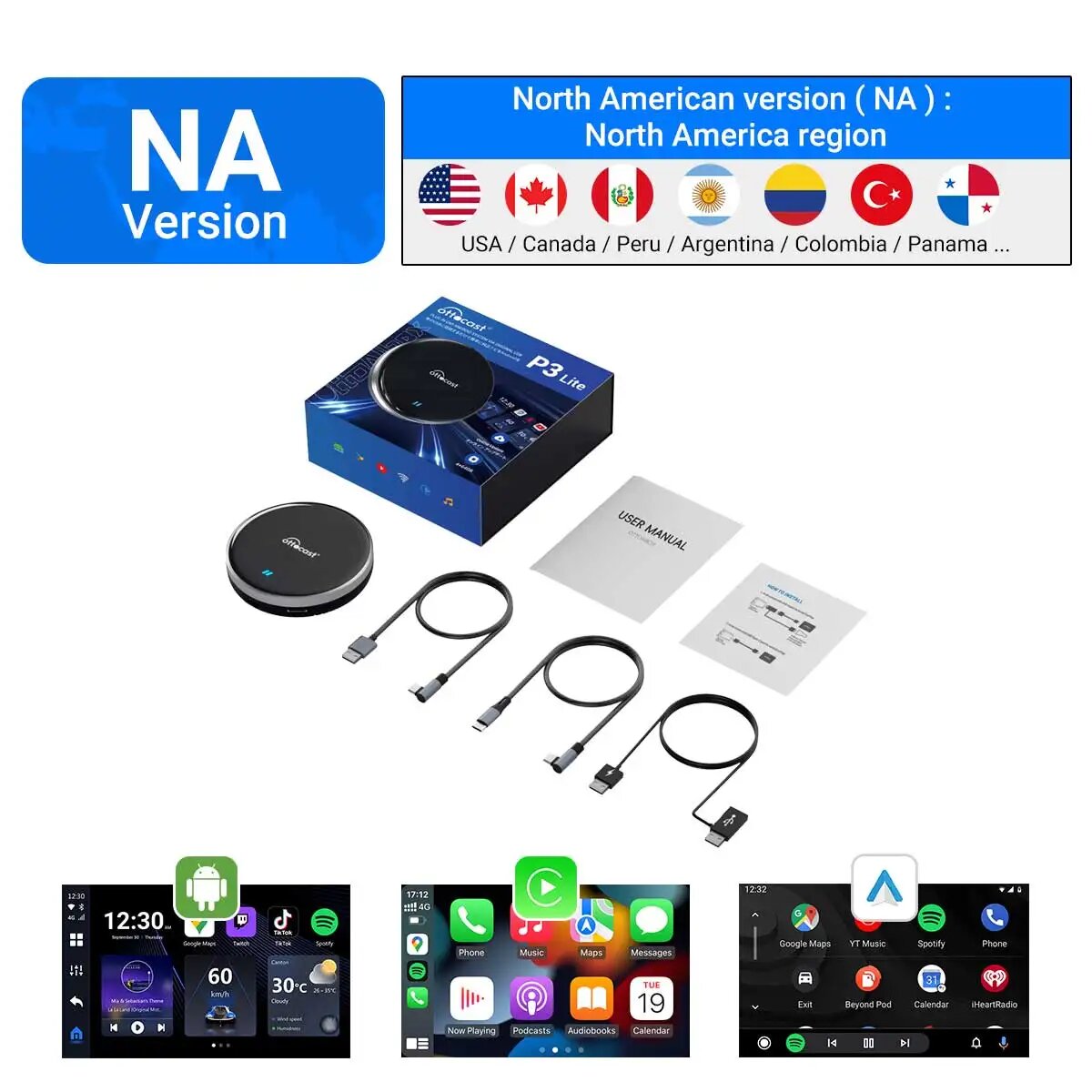 OTTOCAST P3 Lite CarPlay AI Box Android 12 4GB+64GB Беспроводной адаптер CarPlay и 64G, P3 Lite EAU