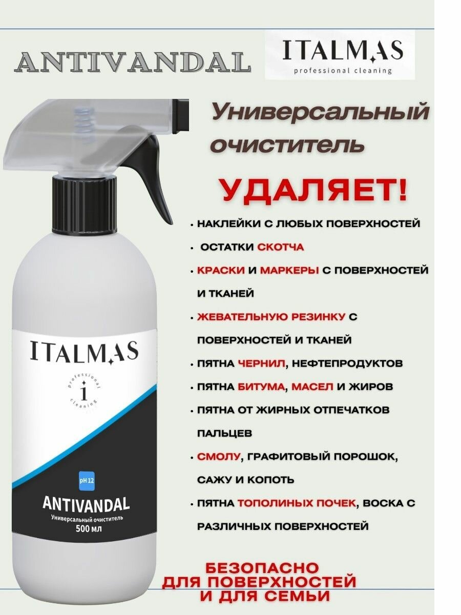 Универсальное чистящее средство ANTIVANDAL, Antigraffiti, против стойких пятен, пятновыводитель/ ITALMAS Professional Cleaning/ 500 мл