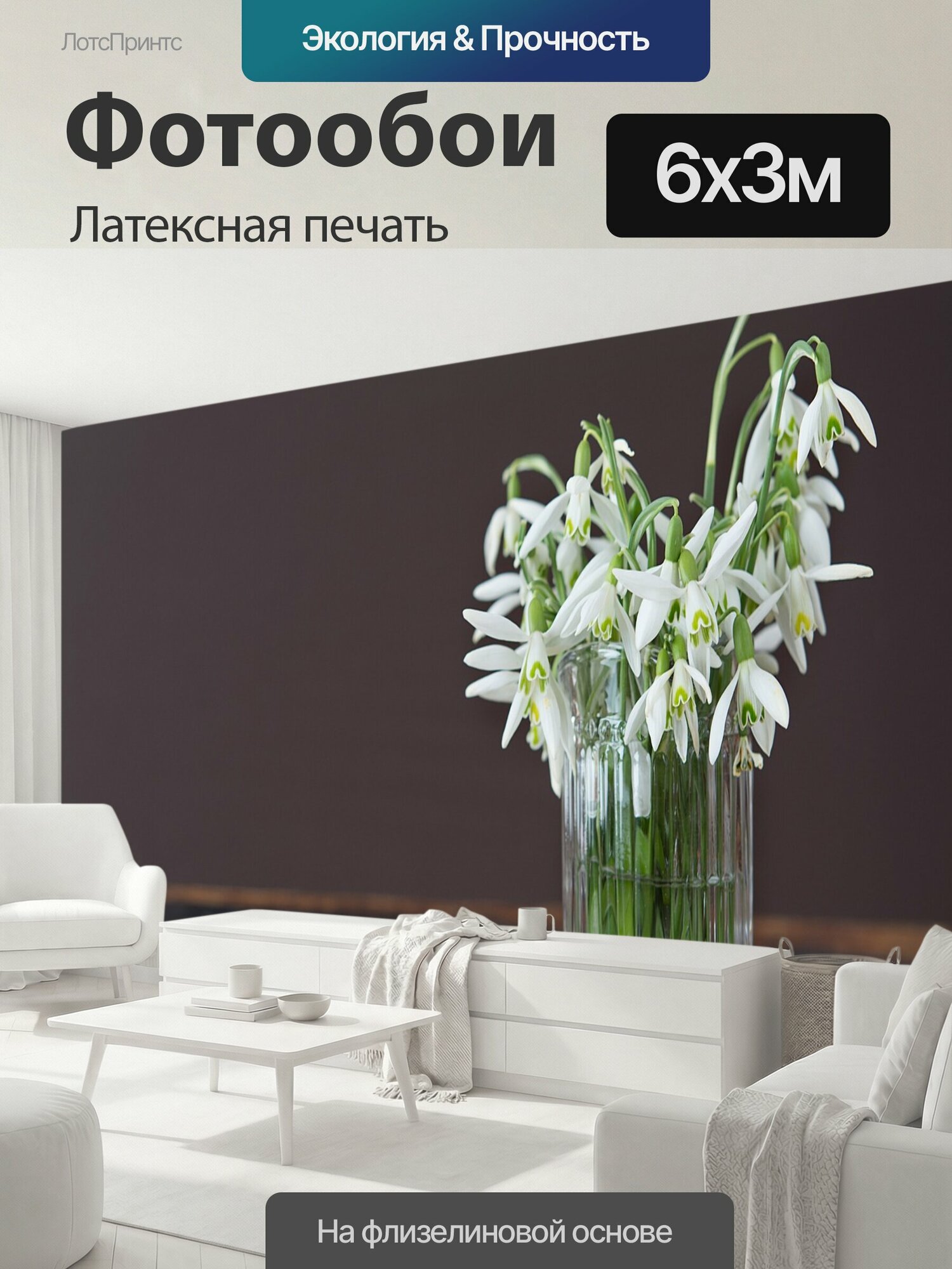 Фотообои моющиеся ударопрочные "Подснежник, цветок, ваза" 600x300 см. латексная печать
