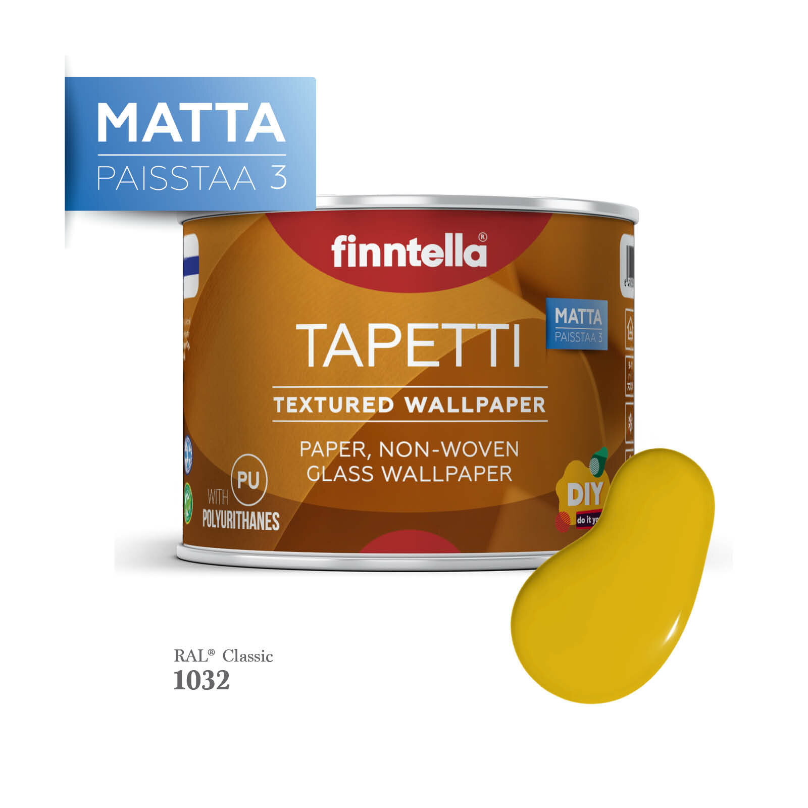 Матовая краска для обоев под окраску TAPETTI Matta FINNTELLA, Цвет RAL 1032 Жёлтый ракитник (Broom yellow), 0,45л
