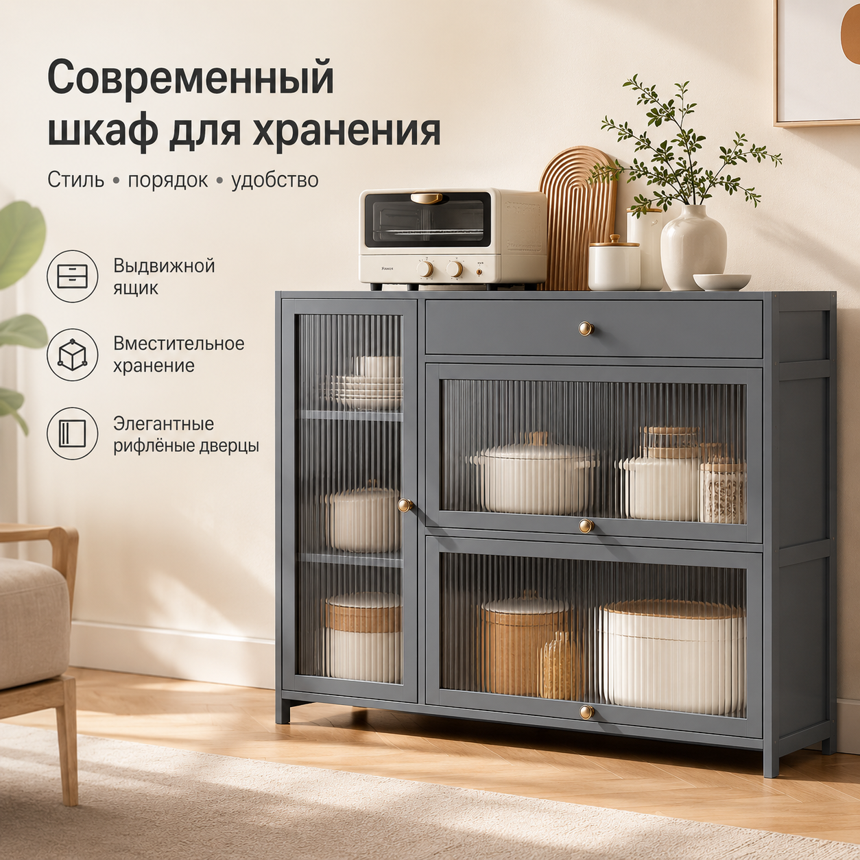 Металлический кухонный комод , три рифлёные стеклянные дверцы + верхний выдвижной ящик, серый цвет 100х32х84 см