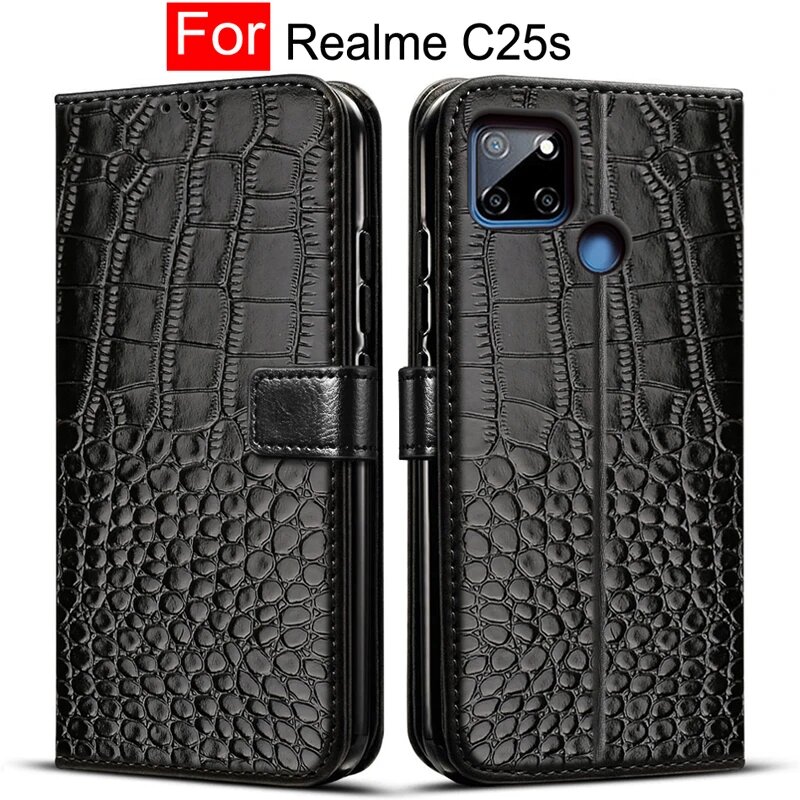 Черный кожаный чехол-книжка для Realme C25s