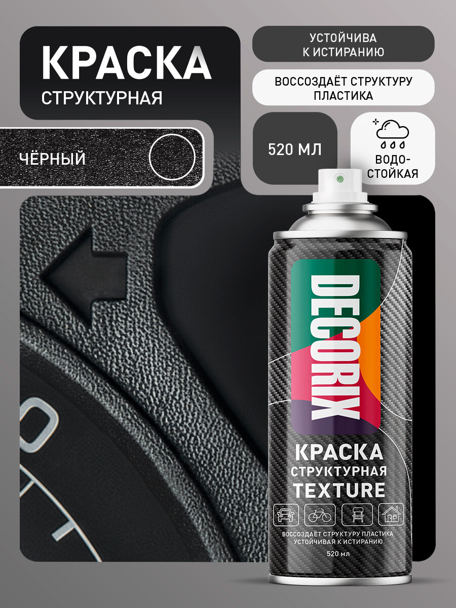 Структурная краска черная матовая, для пластика и других поверхностей DECORIX Texture - текстурная краска аэрозольная в баллончике 520 мл краска для пластика аэрозольная краска черная текстурная