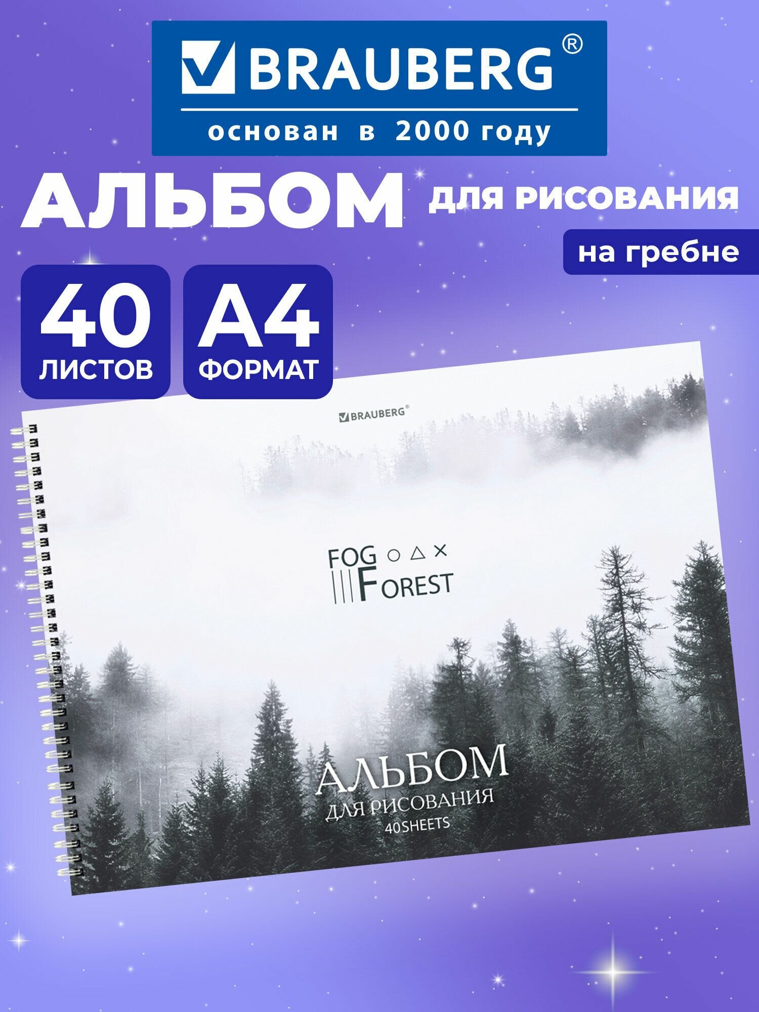 Альбом для рисования в школу А4 40 листов на спирали, плотная бумага 160 г м2, обложка картон, Brauberg Туман школьный спираль картон 160 г