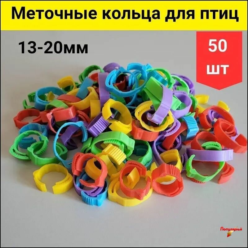 Меточное кольцо 13-20мм регулируемое для кур, индюков, гусей, птиц набор 50 шт из 5-ти цветов для птицеводства универсальные для маркировки