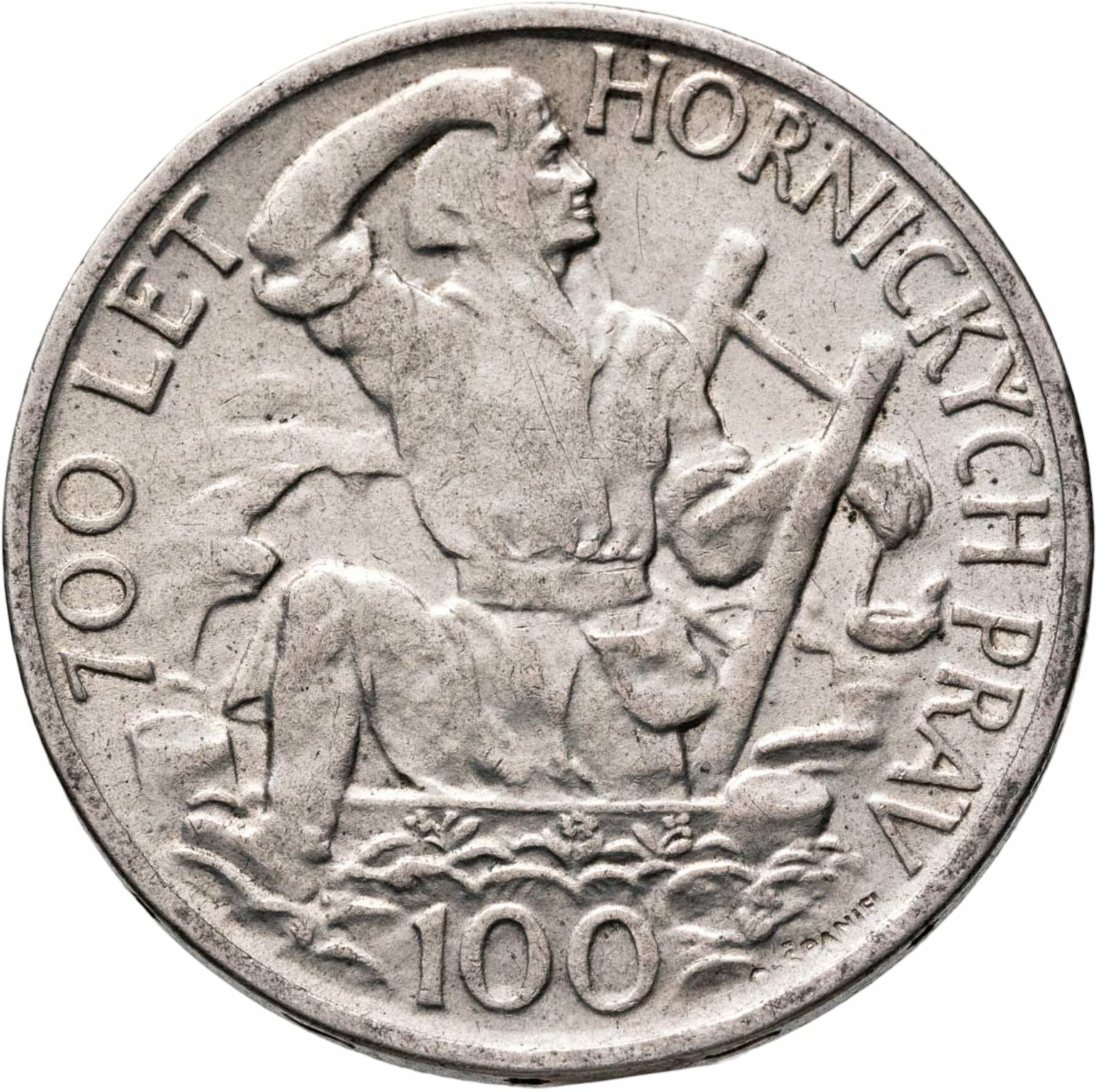 Чехословакия 100 крон korun 1949 700 лет Праву добычи серебра в Йиглаве, Серебро 500, в сохранности AU