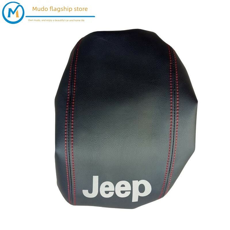 Черная кожаная накладка на подлокотник с красными строчками и принтом для Jeep Grand Cherokee 2011-2018