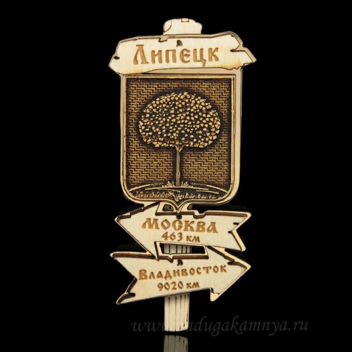 Магнит из бересты г. Липецк "Указатель" 44*90мм вставка золотистая