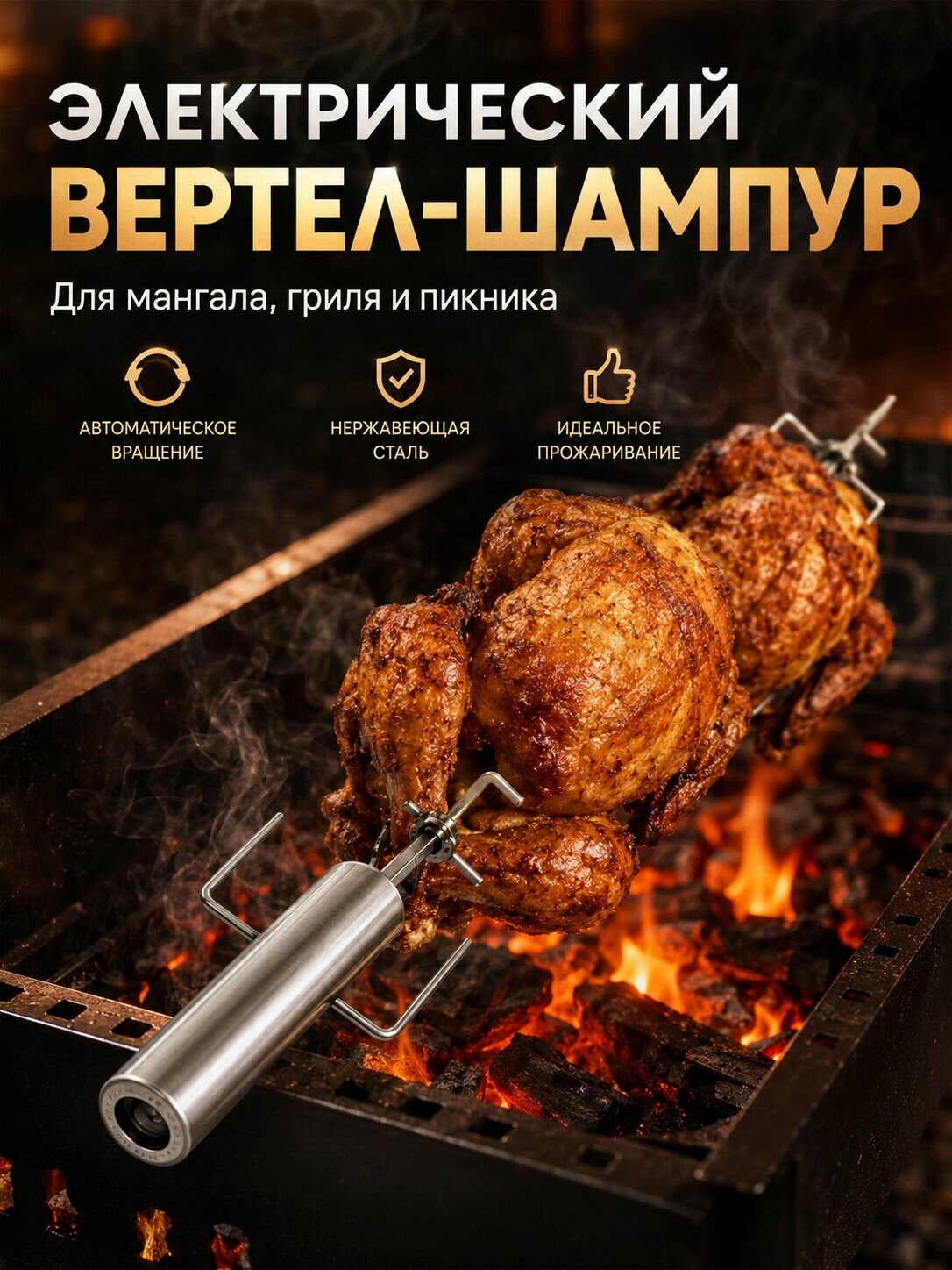 Вертел - шампур нержавеющая сталь с электромотором KiNGGRILL / TRAVEL модель GGA-SKEWER/4 AA/motor 4kg/50-70cm для приготовления кускового мяса на огне, длина рабочая от 50 до 70 см.