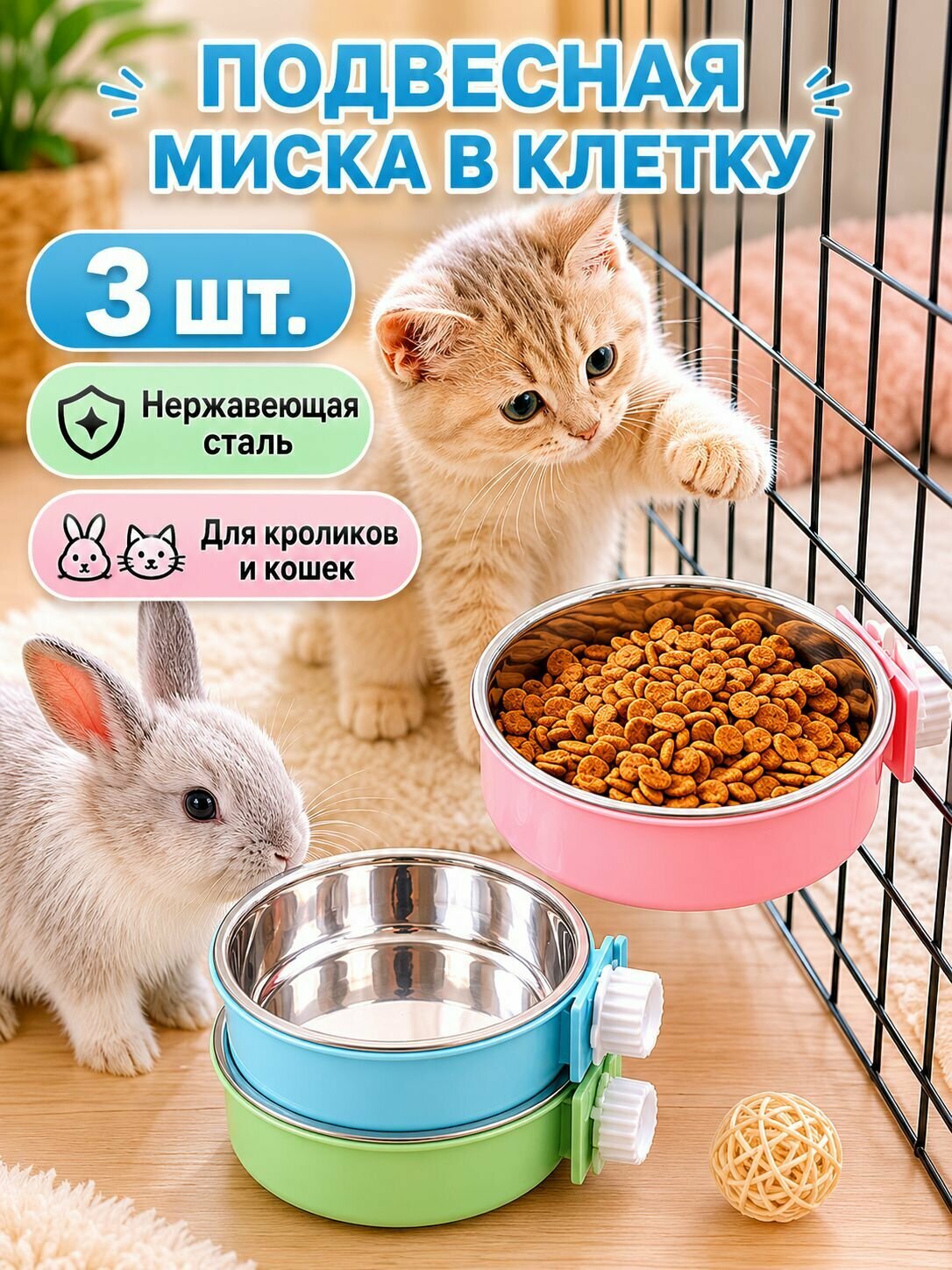 Комплект подвесных мисок в клетку для кроликов, кошек и собак, металлические кормушки, 3 шт (зеленая, розовая, голубая) подвесные кормушки металлические миски для животных
