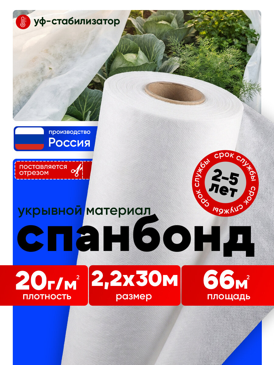 Спанбонд белый укрывной 20 г/м2 2,2х30 м 66 м2 для парников и грядок