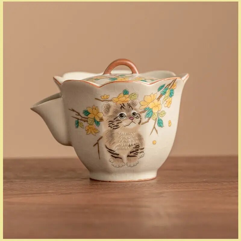 Чайник с ручной росписью в виде желтого цветка и милого кота Ru Kiln teapot，70ml