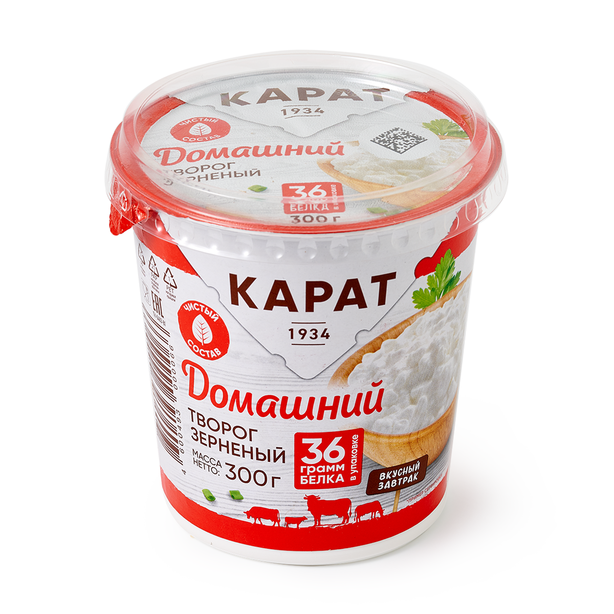 Творог зерненый карат, 4%, домашний, без добавок, в стаканчике, 300 г